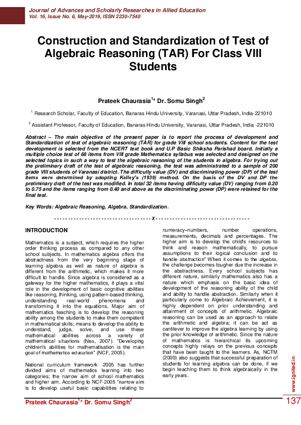 (PDF) Construction and Standardization of Test of Algebraic Reasoning ...