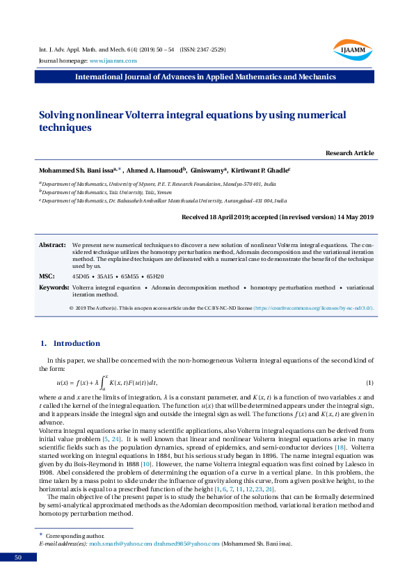 Pdf Solving Nonlinear Volterra Integral Equations By Using Numerical