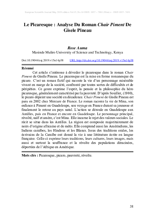 (PDF) Le Picaresque : Analyse Du Roman Chair Piment De Gisele Pineau