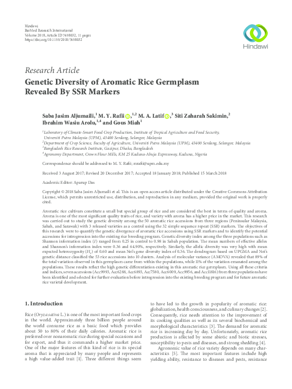 (PDF) Genetic Diversity of Aromatic Rice Germplasm Revealed By SSR Markers