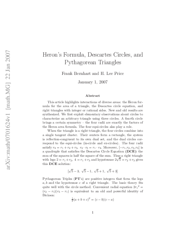 (PDF) Heron's Formula, Descartes Circles, and Pythagorean Triangles