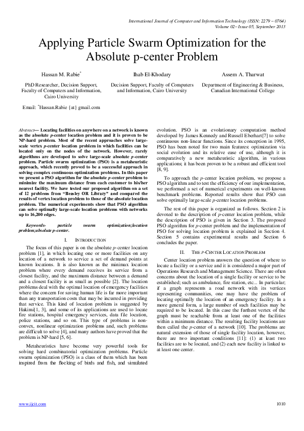 (PDF) Applying Particle Swarm Optimization for the Absolute p-center Problem