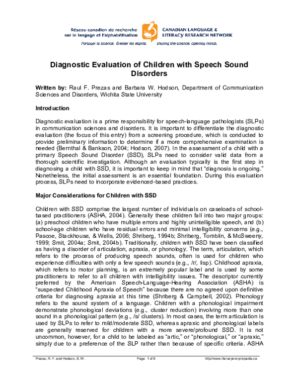 (PDF) Diagnostic Evaluation of Children with Speech Sound Disorders