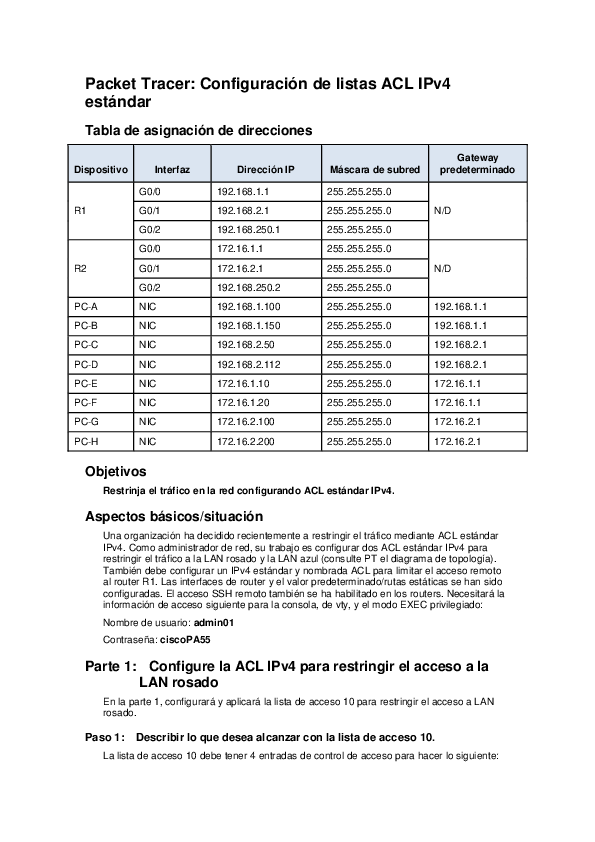 (DOC) Packet Tracer: Configuración de listas ACL IPv4 estándar Tabla de asignación de direcciones