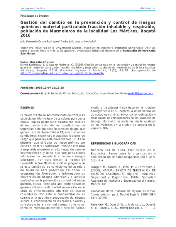 (PDF) Gestión del cambio en la prevención y control de riesgos químicos ...