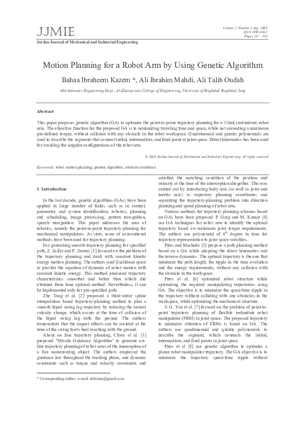 Pdf Motion Planning For A Robot Arm By Using Genetic Algorithm