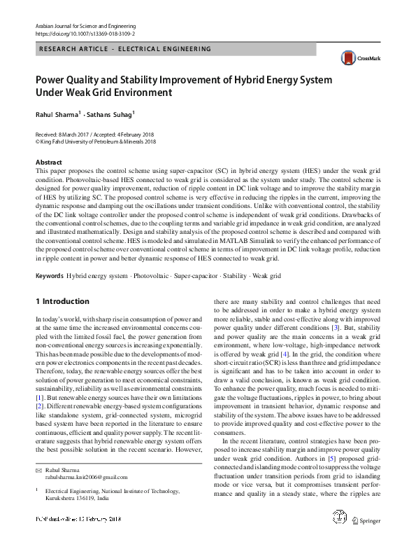 (PDF) Power Quality and Stability Improvement of Hybrid Energy System ...