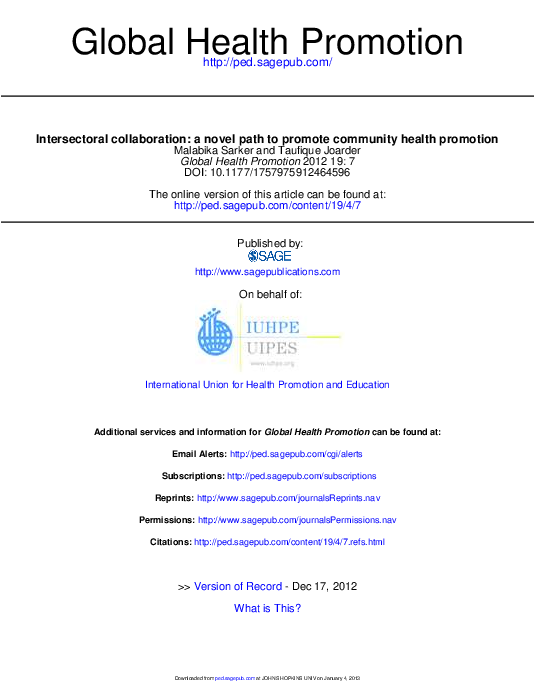 (PDF) Global Health Promotion Intersectoral collaboration: a novel path ...
