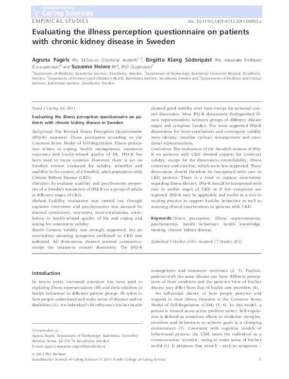 (PDF) Evaluating the illness perception questionnaire | Agneta Pagels - Academia.edu
