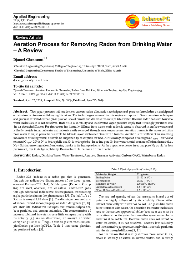 (PDF) Aeration Process for Removing Radon from Drinking Water -A Review