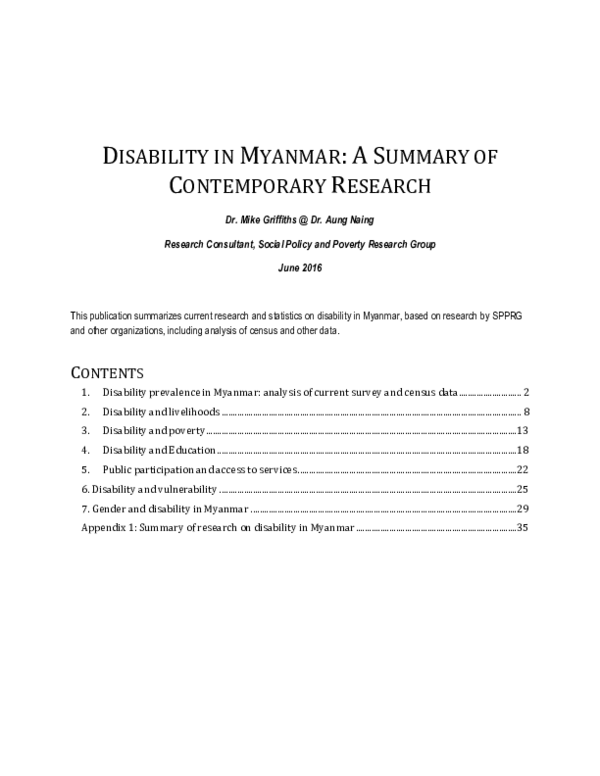(PDF) DISABILITY IN MYANMAR: A SUMMARY OF CONTEMPORARY RESEARCH