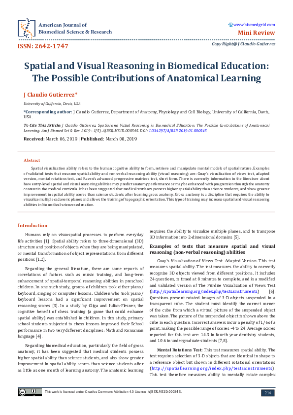 (PDF) Spatial and Visual Reasoning in Biomedical Education: The Possible Contributions of ...