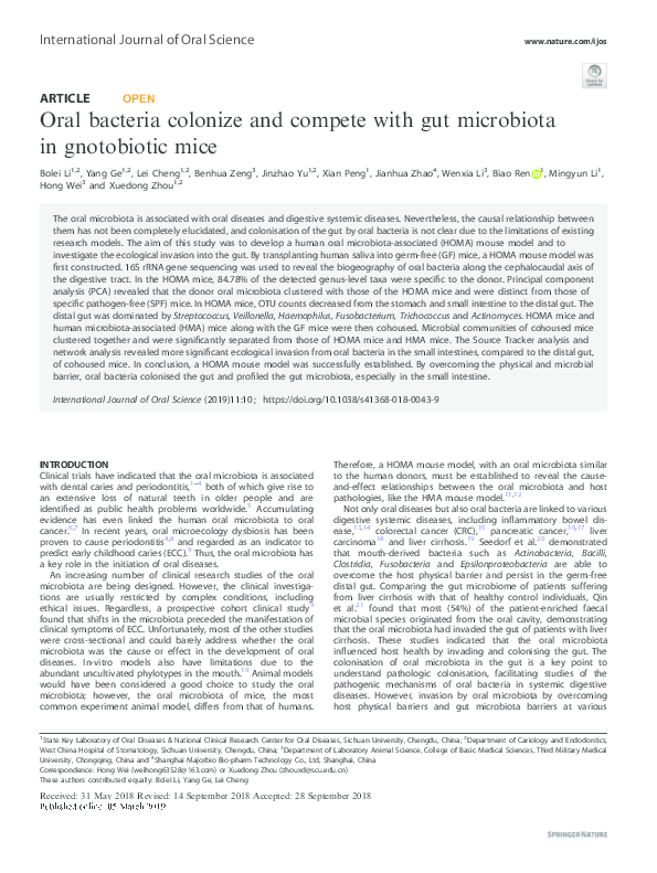 (PDF) Oral bacteria colonize and compete with gut microbiota in gnotobiotic mice