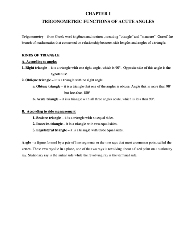 (DOC) CHAPTER I TRIGONOMETRIC FUNCTIONS OF ACUTE ANGLES