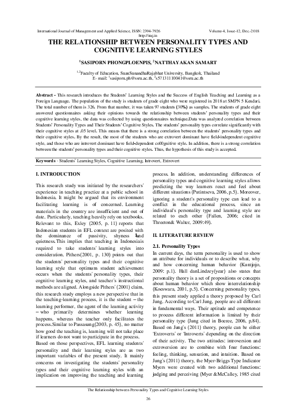(PDF) THE RELATIONSHIP BETWEEN PERSONALITY TYPES AND COGNITIVE LEARNING STYLES