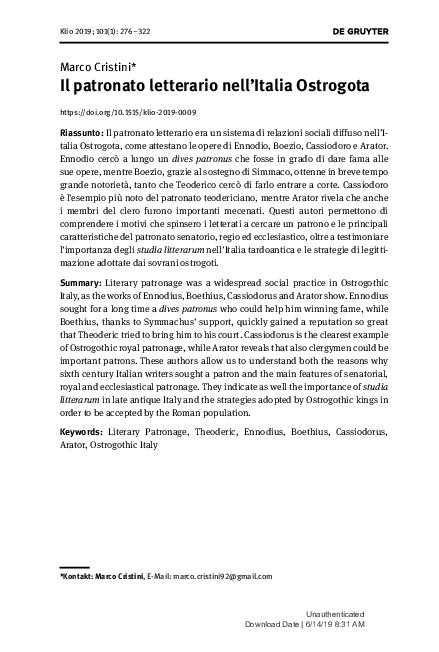 (PDF) Il patronato letterario nell’Italia Ostrogota, in «Klio» 101 ...