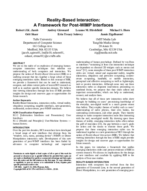 Pdf Reality Based Interaction A Framework For Post Wimp Interfaces