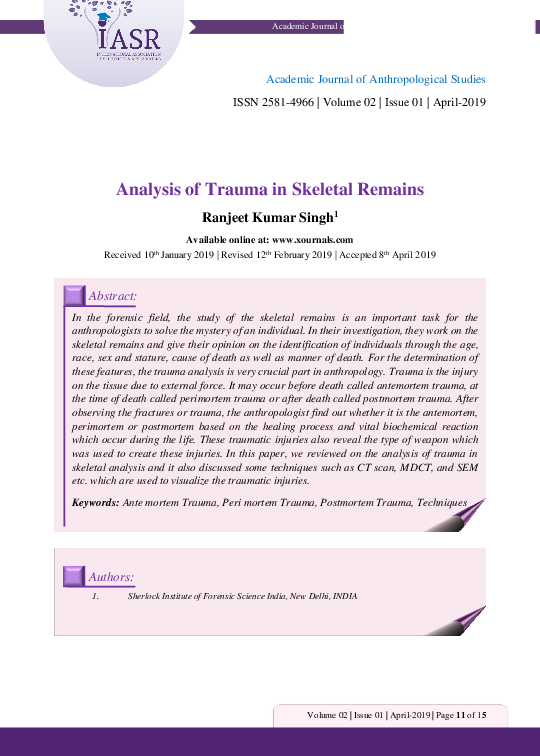 (PDF) Analysis of Trauma in Skeletal Remains (PDF) Analysis of Trauma in Skeletal Remains