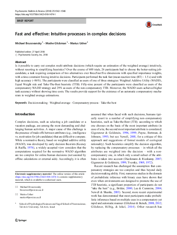 (PDF) Fast and effective: Intuitive processes in complex decisions