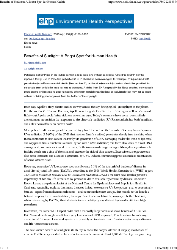 (PDF) Benefits of Sunlight: A Bright Spot for Human Health