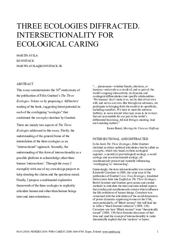 (PDF) Three Ecologies Diffracted. Intersectionality for Ecological Caring.