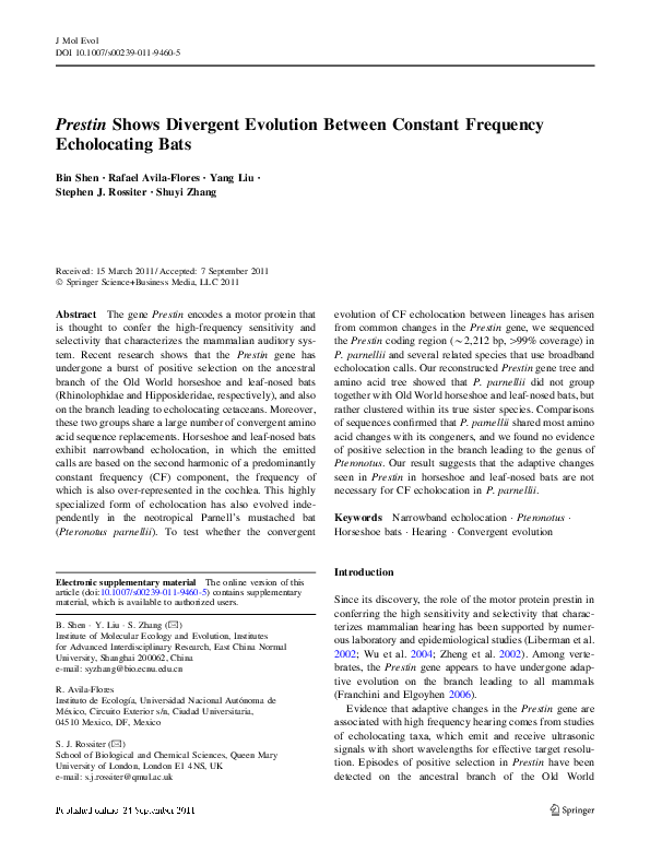 (PDF) Prestin Shows Divergent Evolution Between Constant Frequency ...