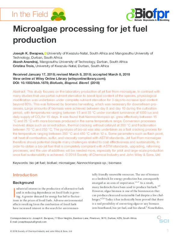 (PDF) Article Microalgae processing for Jet fuel production