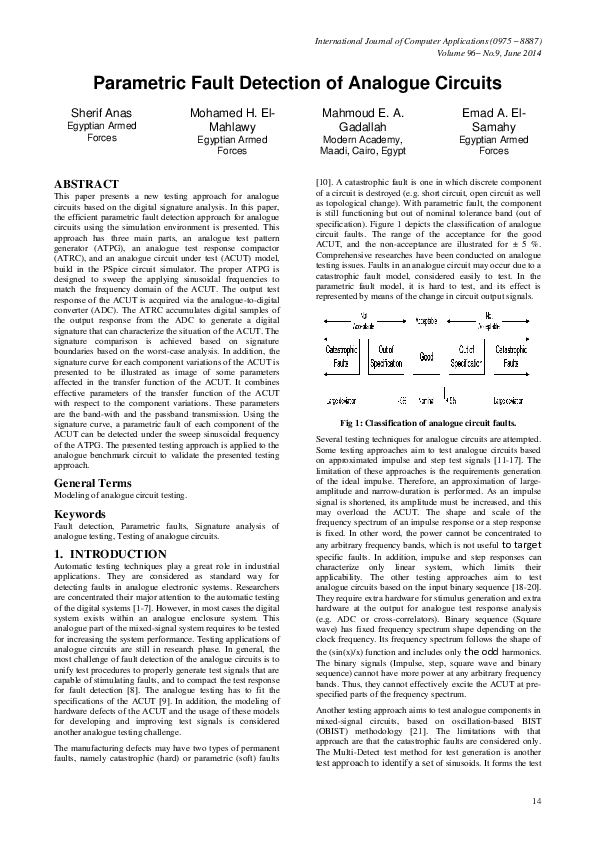 Pdf Parametric Fault Detection Of Analogue Circuits Emad Elsamahy