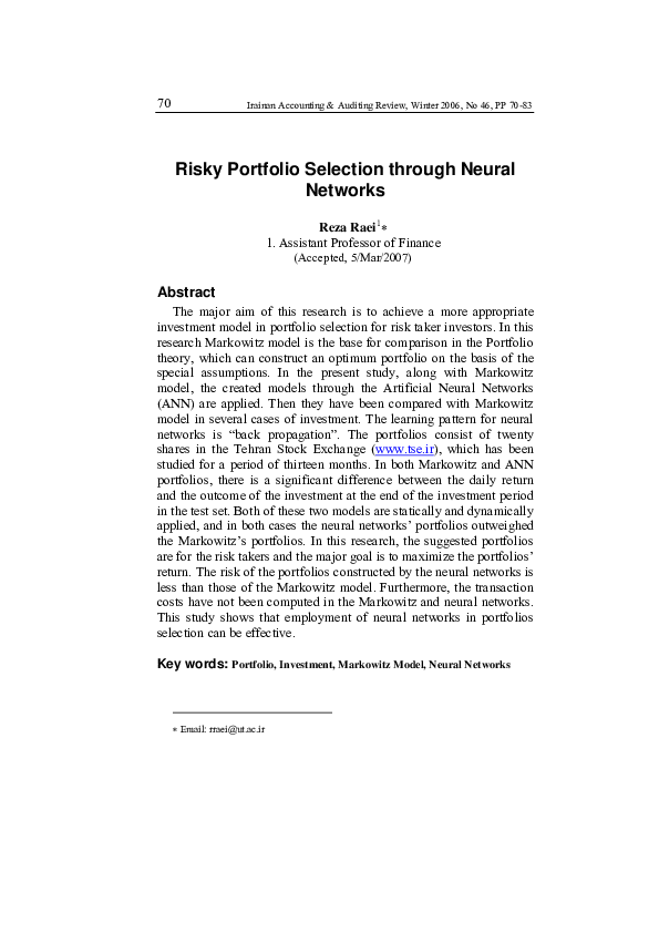 (PDF) Risky Portfolio Selection through Neural Networks