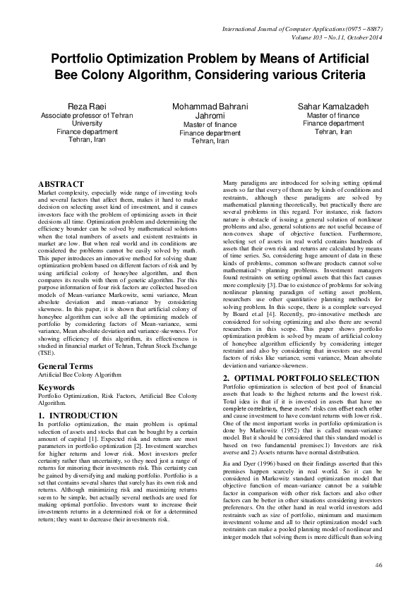 Pdf Portfolio Optimization Problem By Means Of Artificial Bee Colony Algorithm Considering