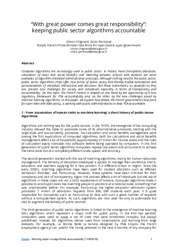 (PDF) "With great power comes great responsibility": keeping public sector algorithms accountable