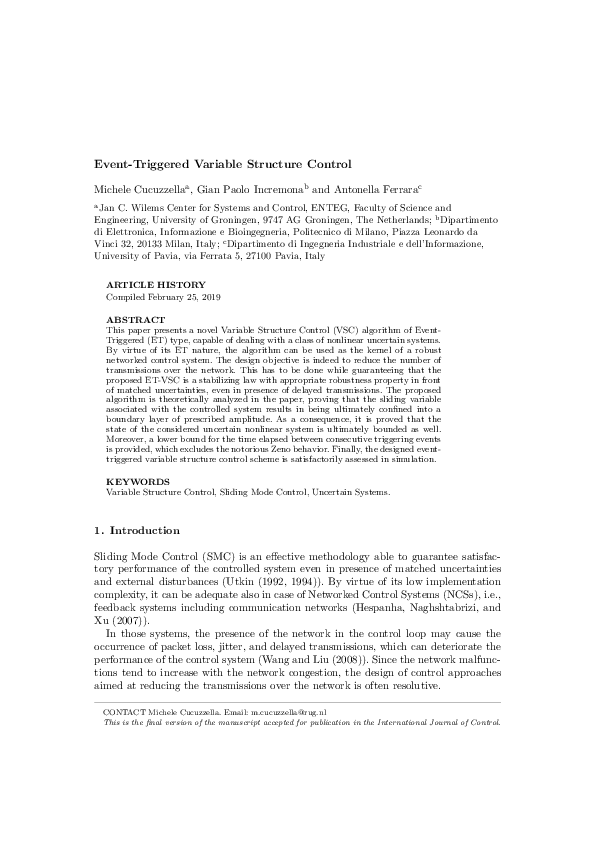 Pdf Event Triggered Variable Structure Control Gian Paolo Incremona