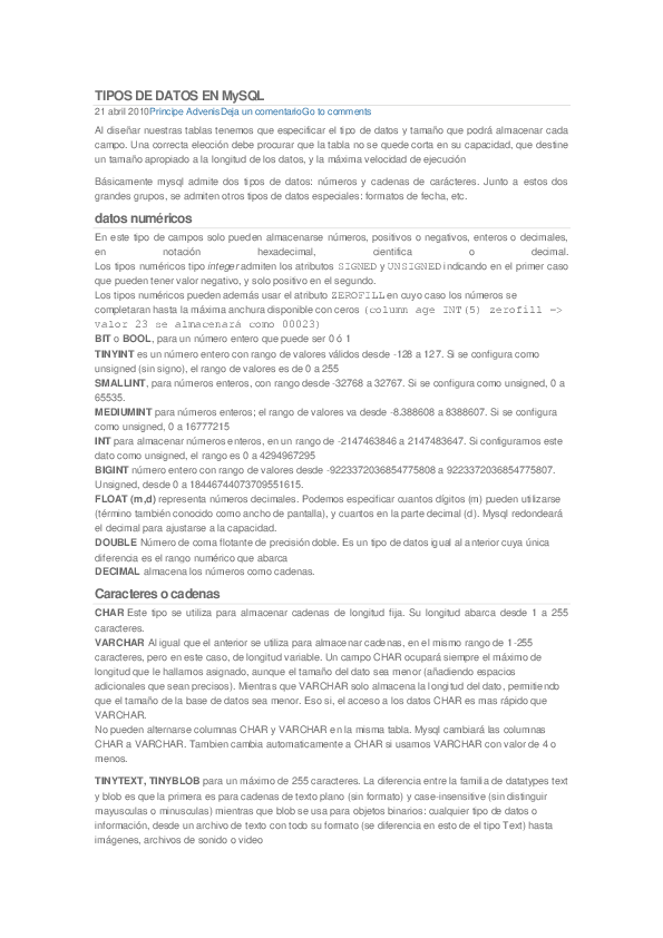 (DOC) TIPOS DE DATOS EN MySQL