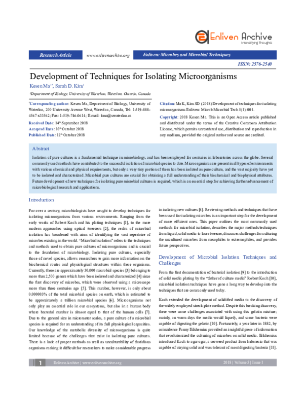 (PDF) Development of Techniques for Isolating Microorganisms