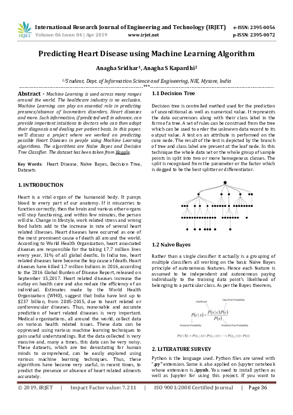 (PDF) IRJET- Predicting Heart Disease using Machine Learning Algorithm