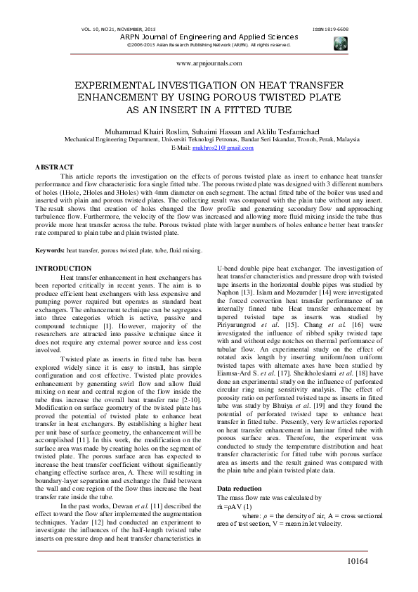 (PDF) EXPERIMENTAL INVESTIGATION ON HEAT TRANSFER ENHANCEMENT BY USING ...
