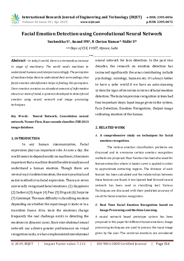 (PDF) IRJET- Facial Emotion Detection using Convolutional Neural Network
