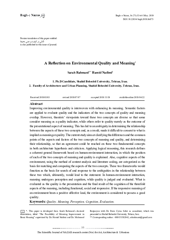 (PDF) A Reflection on Environmental Quality and Meaning