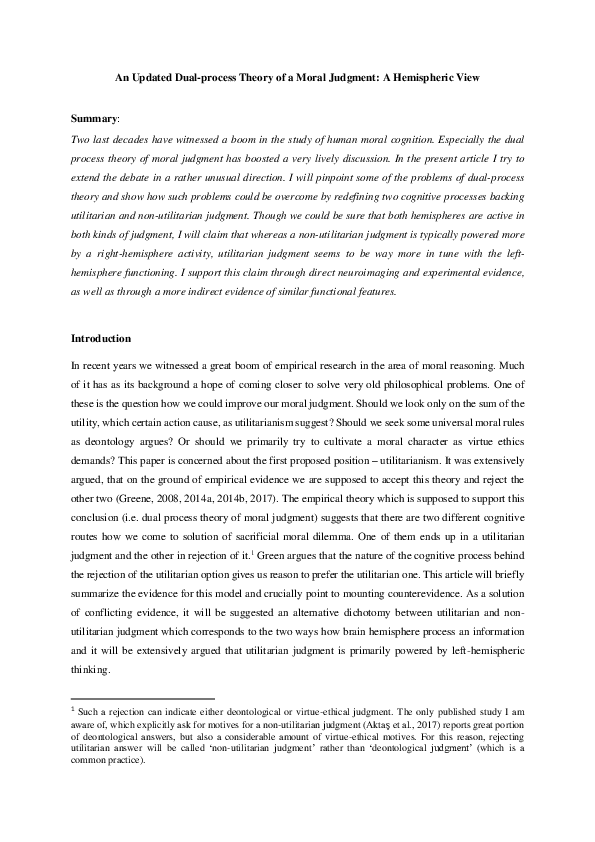 (DOC) An Updated Dual-process Theory of a Moral Judgment: A Hemispheric ...