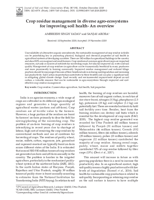 (PDF) Crop residue management in diverse agro-ecosystems for improving soil health-An overview