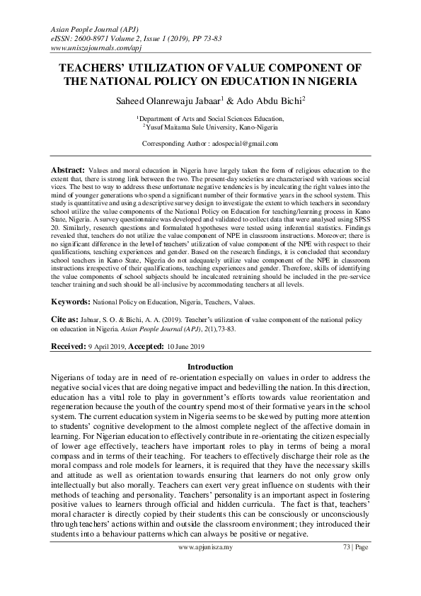 (PDF) Teachers’ Utilization of the Value Components of the National Policy on Education in Nigeria.