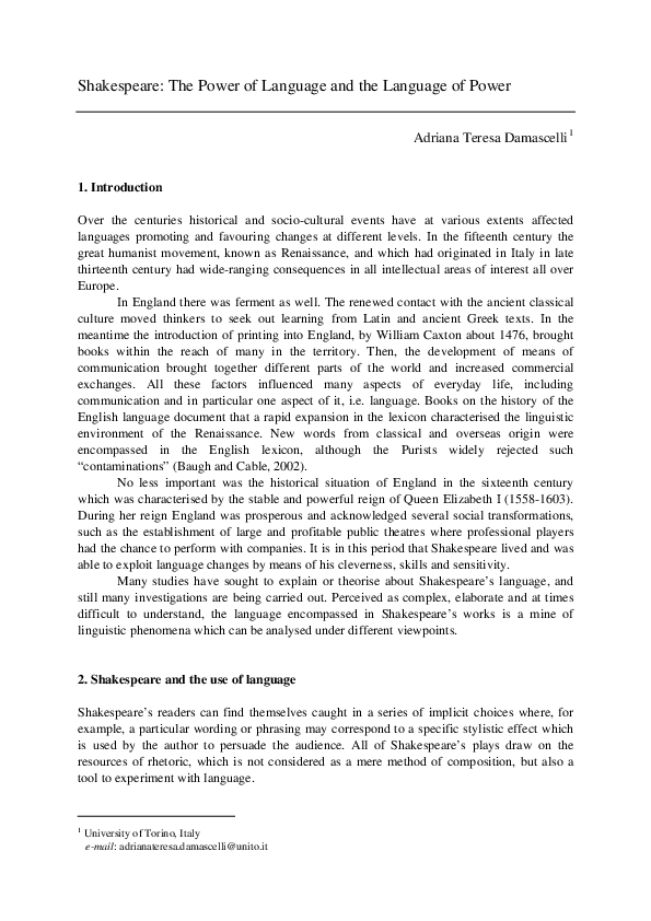 (PDF) Shakespeare: The Power of Language and the Language of Power