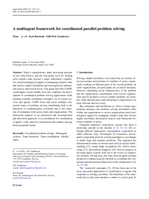 (PDF) A multiagent framework for coordinated parallel problem solving