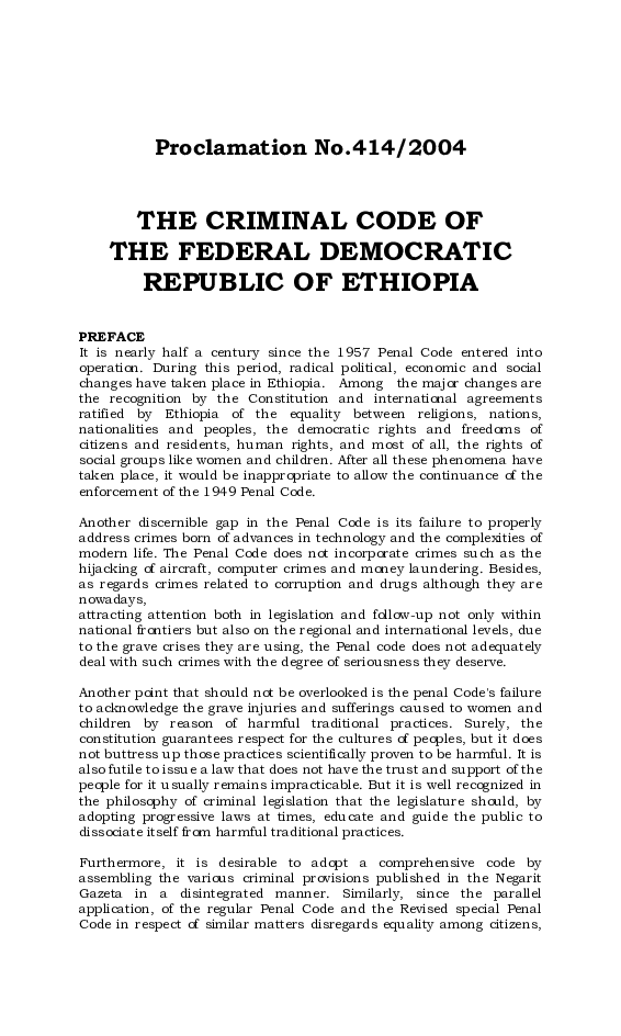 (PDF) THE CRIMINAL CODE OF THE FEDERAL DEMOCRATIC REPUBLIC OF ETHIOPIA ...
