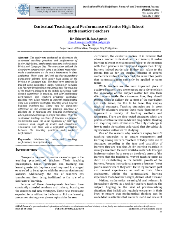 (PDF) Contextual Teaching and Performance of Senior High School ...