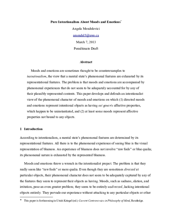 (PDF) Pure Intentionalism About Moods and Emotions