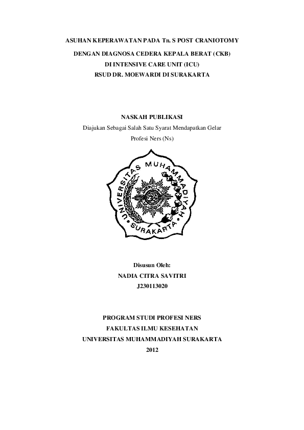 (PDF) ASUHAN KEPERAWATAN PADA Tn. S POST CRANIOTOMY DENGAN DIAGNOSA CEDERA KEPALA BERAT (CKB) DI ...