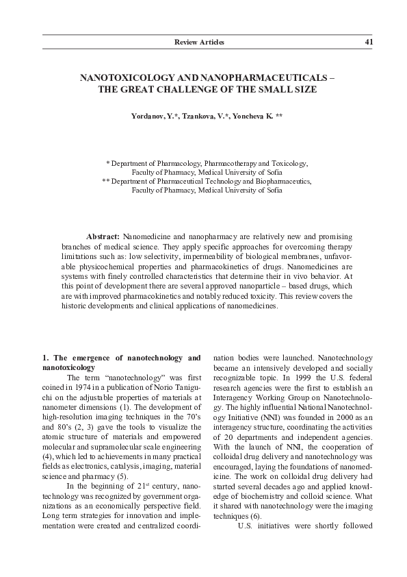 (PDF) Nanotoxicology and nanopharmaceuticals-the great challenge of the small size