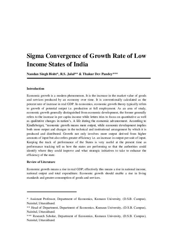 (PDF) Sigma Convergence of Growth Rate of Low Income States of India