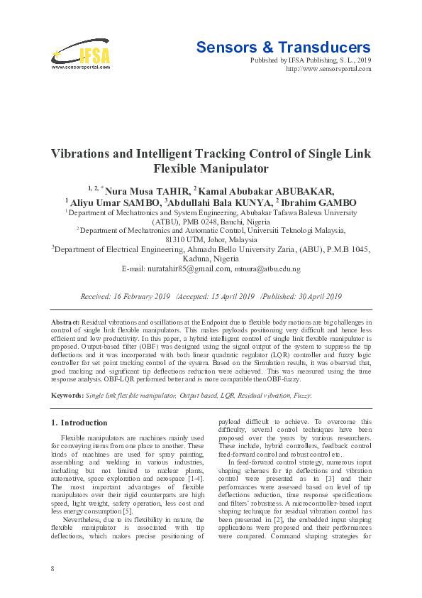 Pdf Vibration Control Comparison Of A Single Link Flexible Manipulator Between Fuzzy Logic